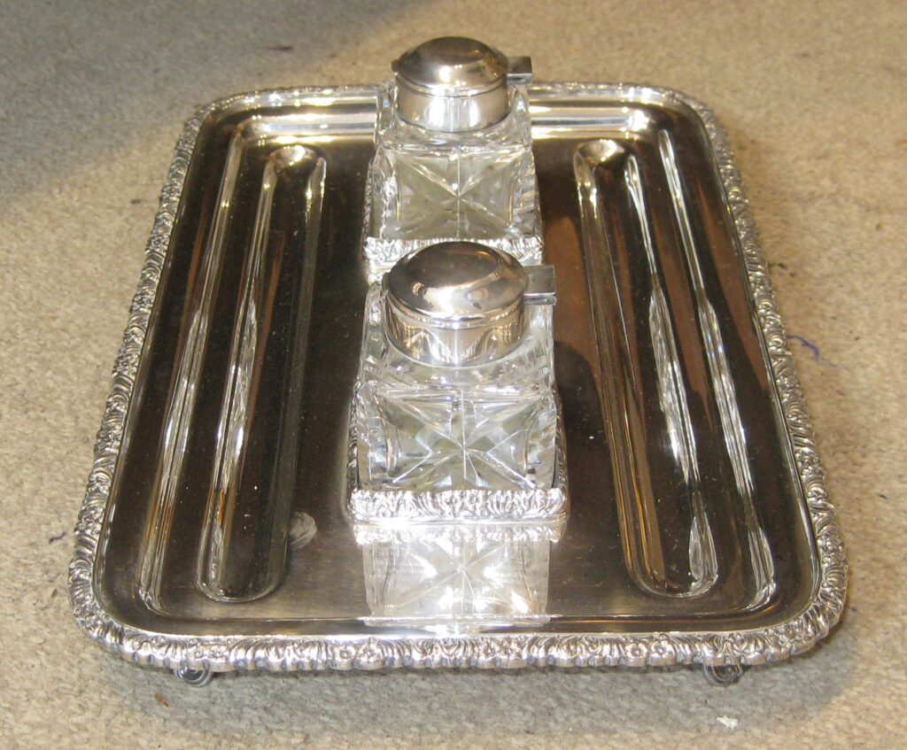 Plated ink stand with two bottles with hinged lids | Dorking Desks