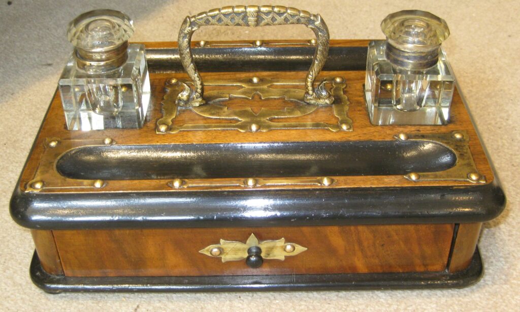 Victorian walnut and brass ink stand | Dorking Desks
