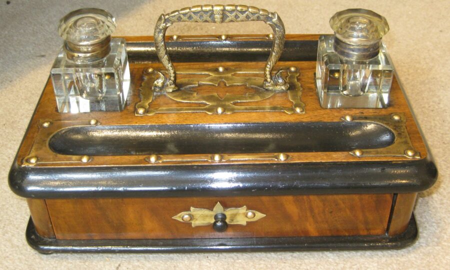 Victorian walnut and brass ink stand | Dorking Desks