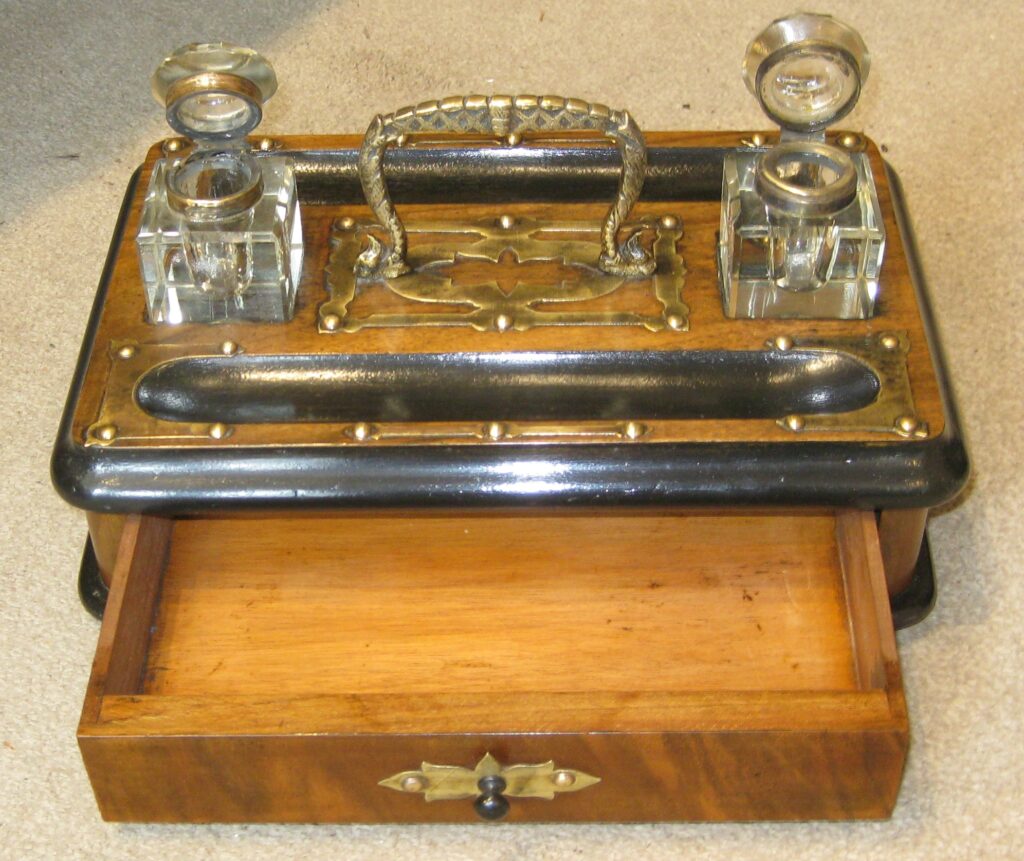 Victorian walnut and brass ink stand | Dorking Desks