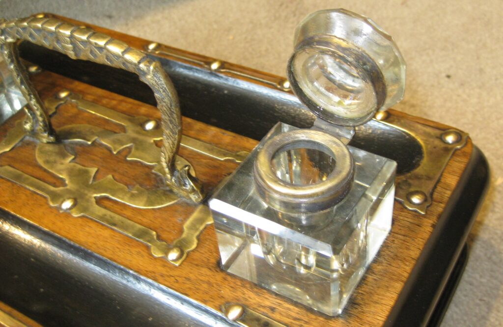 Victorian walnut and brass ink stand | Dorking Desks