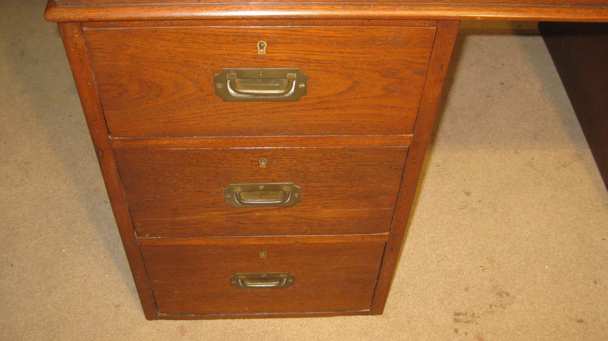 Late Victorian solid teak pedestal campaign desk. | Dorking Desks